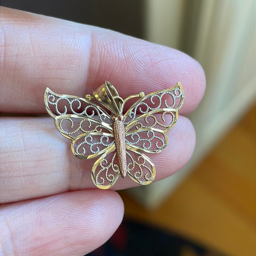 Filigree Butterfly Pendant - Tri Color - 10k Gold - Vintage – Vintage ...