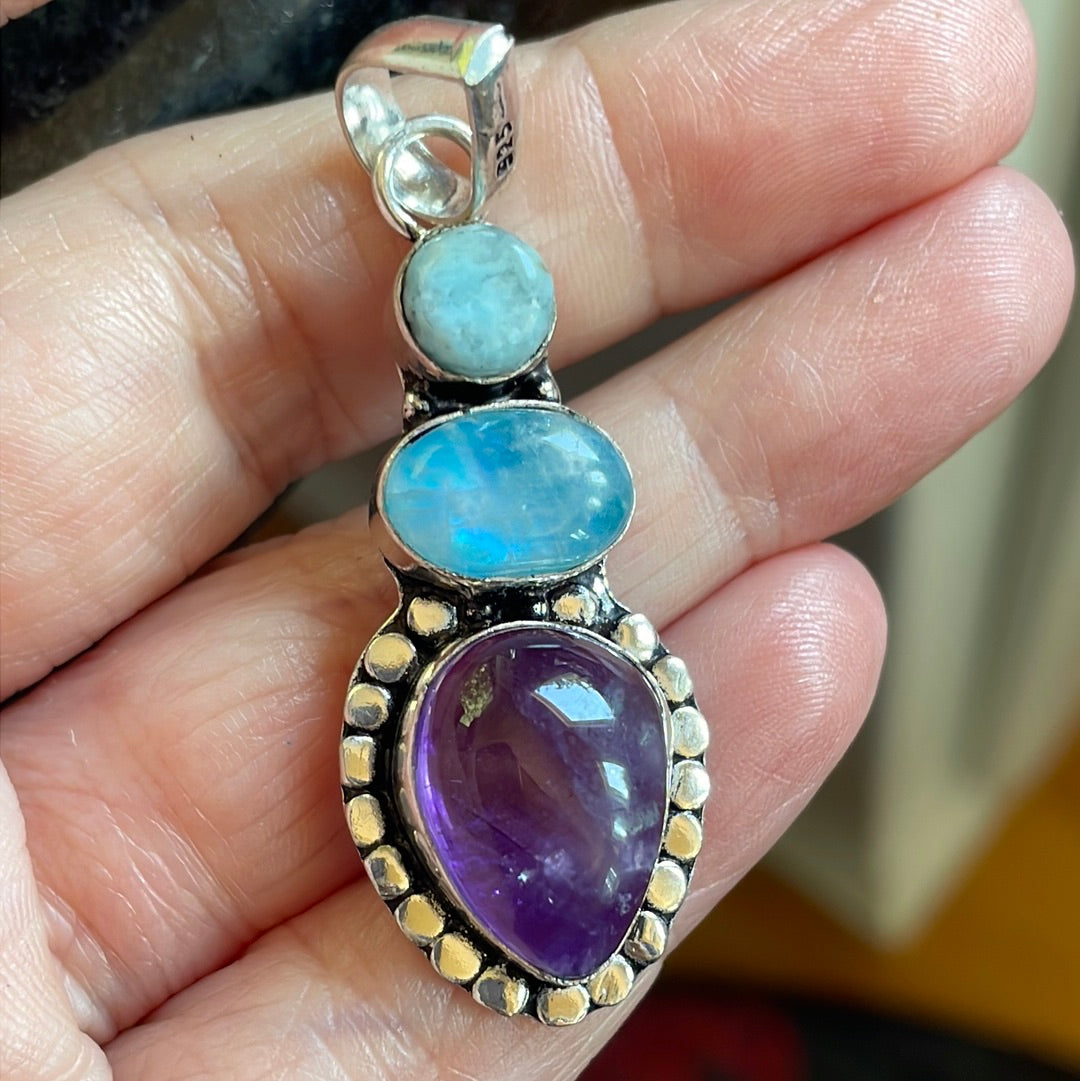 Moonstone, Amethyst and Larimar Pendant - Sterling Silver - Vintage ...