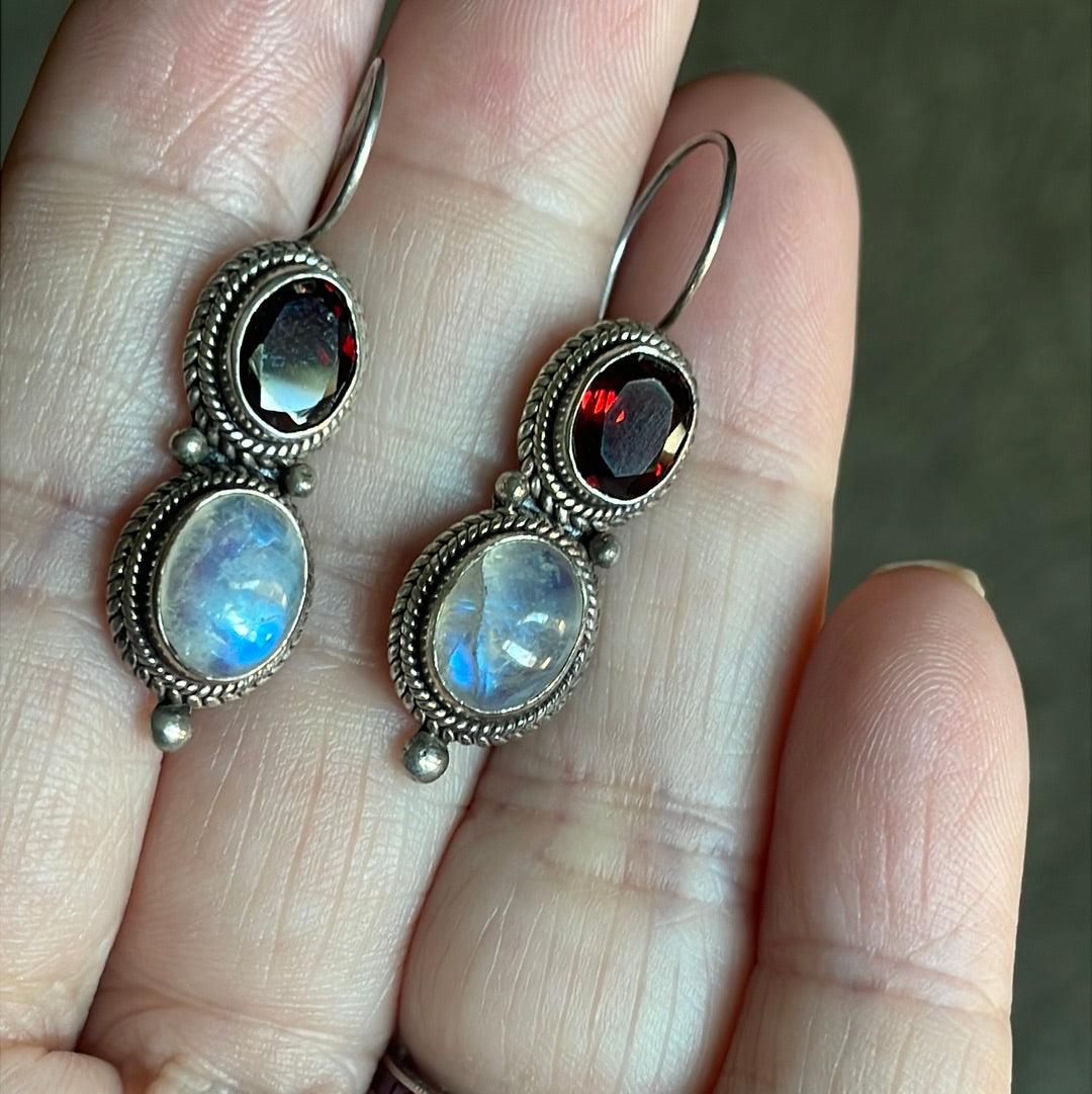 Moonstone Garnet Earrings - Sterling Silver - Vintage – Vintage Paris ...