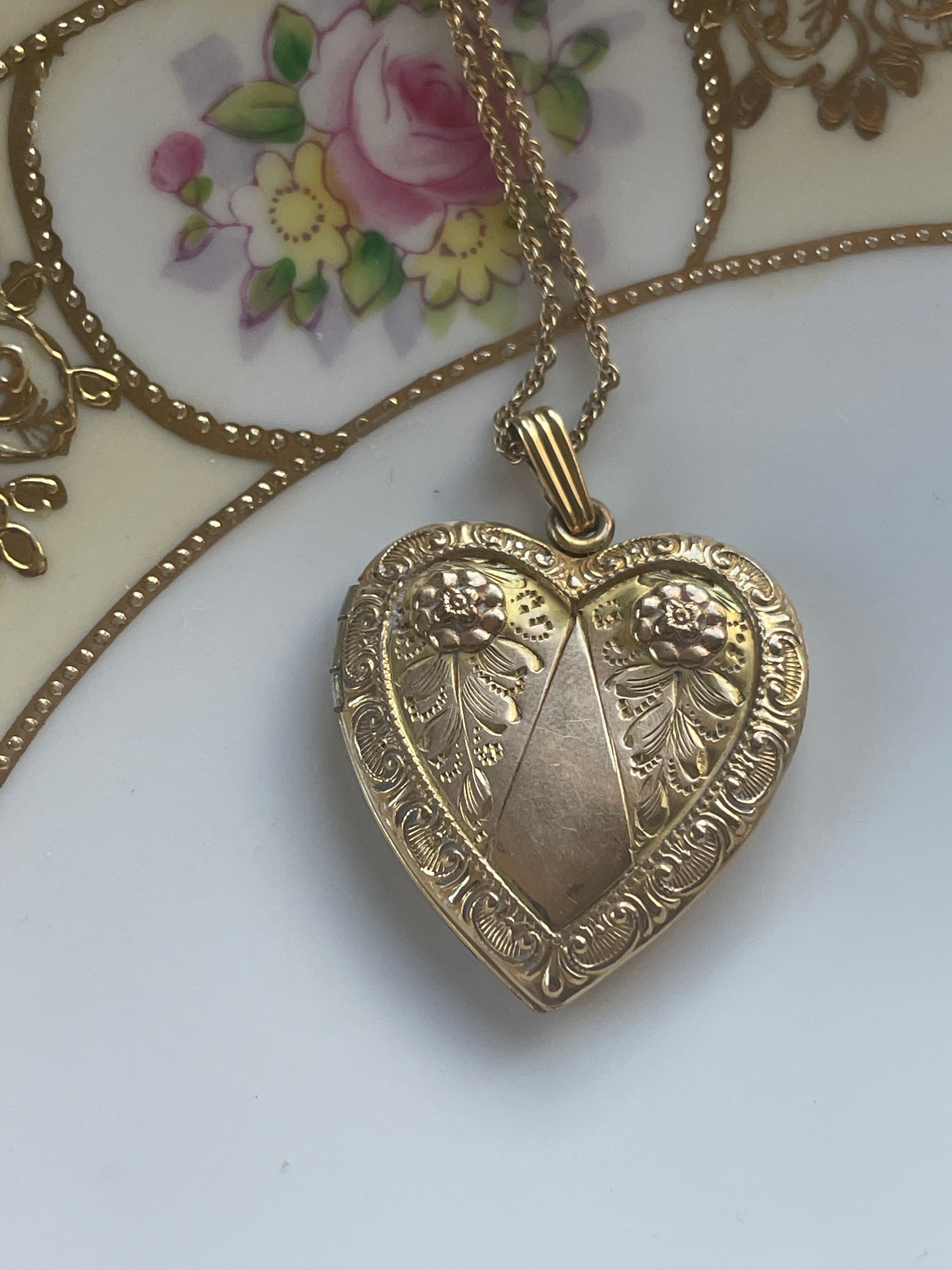Rose Gold Floral Heart Locket - Large Size - Gold Filled - Vintage ...
