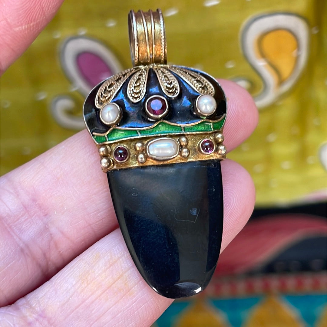 Onyx Pendant - Garnet, Pearl, Enamel - Vermeil - Vintage – Vintage ...